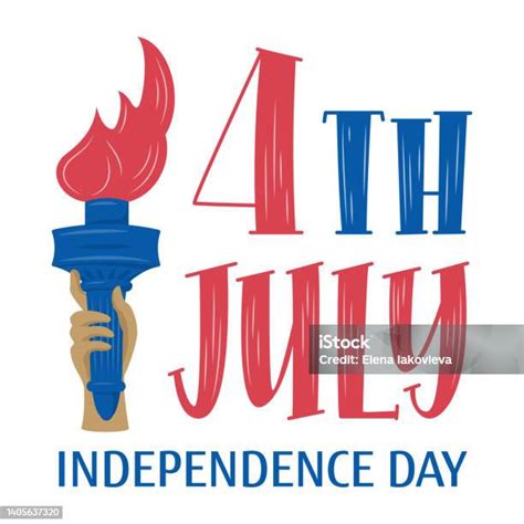7월 4일 유나이티드 독립 기념일 포스터 배너 인사말 카드를위한 횃불이있는 손 레터링 기호와 자유의 여신상이있는 템플릿 디자인 단리된 벡터 일러스트레이트 7월 4일에 대한