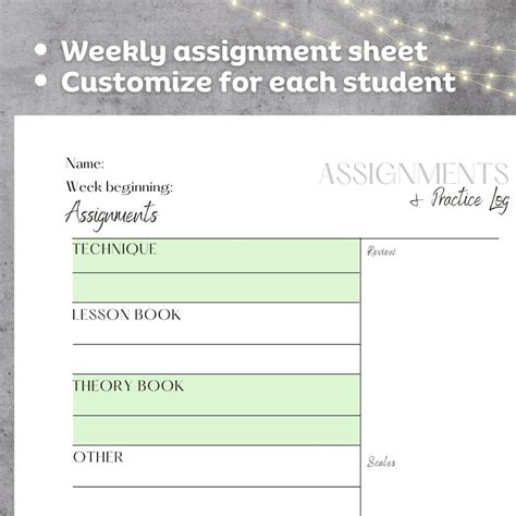 Weekly Piano Lesson Assignment Sheet Printable Editable Template