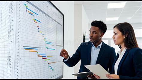 Diverse Business Professionals Analyzing A Gantt Chart On A Large Display In An Office Stock