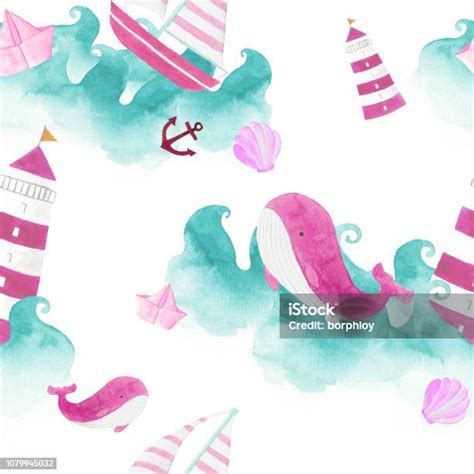 원활한 수채화 손으로 그리는 배경 믹스 바다 요소 바다 웨이브 범선 고래 등 대 앵커 조개 갤리온선에 대한 스톡 벡터 아트 및