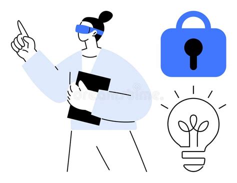 Person With Laptop And Virtual Reality Glasses Pointing Towards Padlock