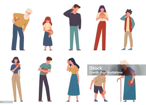 고통을 가진 사람들 고통 고통 다른 신체 부위 두통 및 아픈 어깨 목 구멍 과 부상 무릎 벡터 문자 아픔에 대한 스톡 벡터 아트 및 기타 이미지 Istock