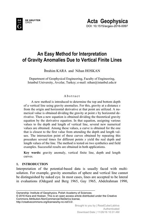 Pdf An Easy Method For Interpretation Of Gravity Anomalies Due To Vertical Finite Lines