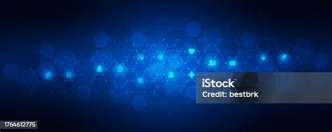 평면 아이콘과 기호가 있는 의료 및 기술 개념 건강 관리 비즈니스 혁신 의학 과학 배경 의료 연구를위한 템플릿 디자인 Dna에 대한 스톡 벡터 아트 및 기타 이미지 Istock