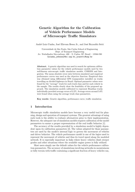 Pdf Genetic Algorithm For The Calibration Of Vehicle Performance Models Of Microscopic Traffic
