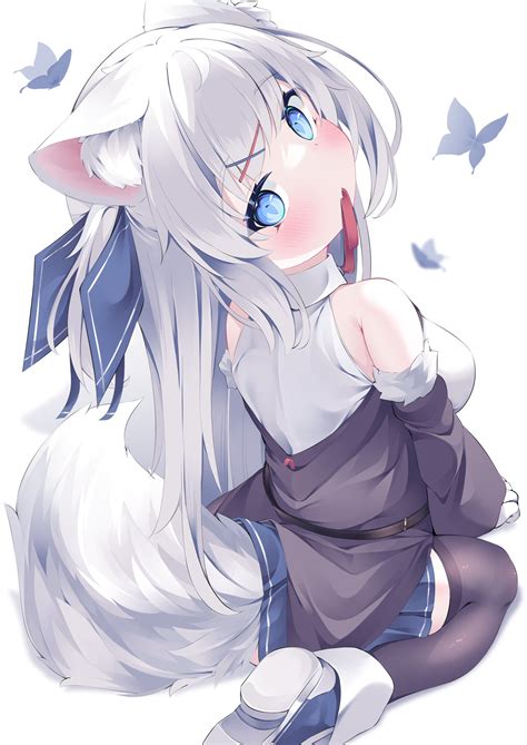 Wallpaper Anime Girls Blue Eyes Red Ribbon Gray Hair Portrait