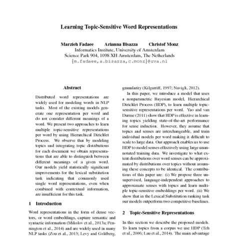Learning Topic Sensitive Word Representations Acl Anthology
