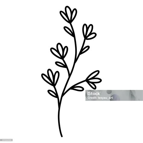 꽃과 나뭇잎이 있는 귀여운 나뭇가지에 흰색 배경에 분리되어 있다 낙서 스타일의 벡터 손으로 그린 그림입니다 카드 로고 장식 다양한 디자인에 적합합니다 식물 클립 아트 0명에