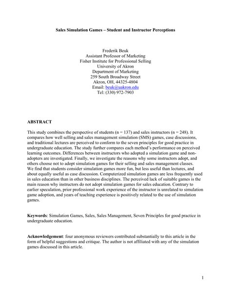 Pdf Sales Simulation Games Student And Instructor Perceptions Pdf Sales Simulation Games Student And Instructor Perceptions