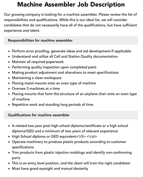 Machine Assembler Job Description Velvet Jobs