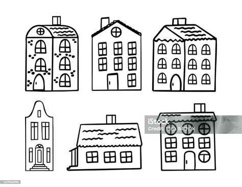 낙서 귀여운 집들의 집합입니다 인쇄 엽서 스케치북 표지 포스터 스티커 디자인에 적합합니다 검은색 윤곽선 0명에 대한 스톡 벡터 아트 및 기타 이미지 Istock
