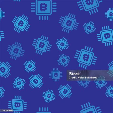 블루 Cpu 채광 농장 아이콘 파란색 배경에 고립 된 완벽 한 패턴입니다 마이크로 칩 내부 비트 코인 서명 암호 화폐 채굴 커뮤니티 디지털 머니 벡터 일러스트 Cpu에 대한