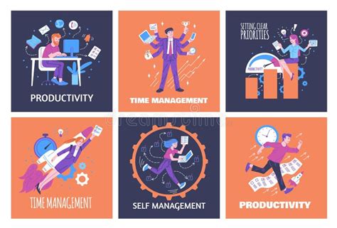 Productivity And Time Management Concept Posters Set Stock Vector Illustration Of Work Self