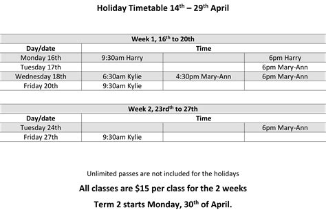 Holiday Timetable 14th Harrys Yoga Studio
