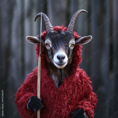 Goat In A Devil Costume With Tiny Horns And A Pitchfork Devil Goat