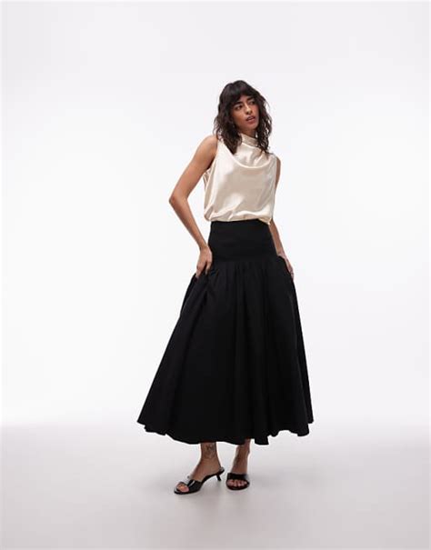 Asos Design Drop Waist Full Hem Skirt In Black Asos