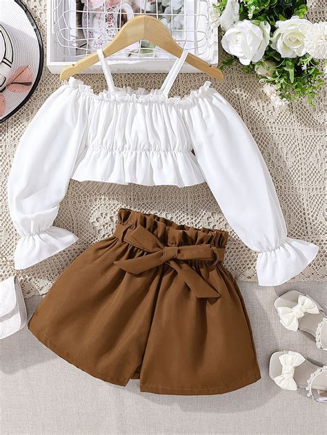 Garotas Top And Shorts Ombro Frio Manga De Encampanada Bainha Com Babado