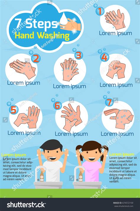 Vektor Stok Hand Washing Steps Infographics Cartoon Boy Tanpa Royalti