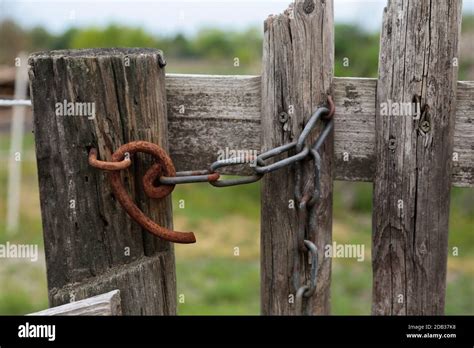 Old Wooden Gate With A Rusty Chain Stock Photo Alamy