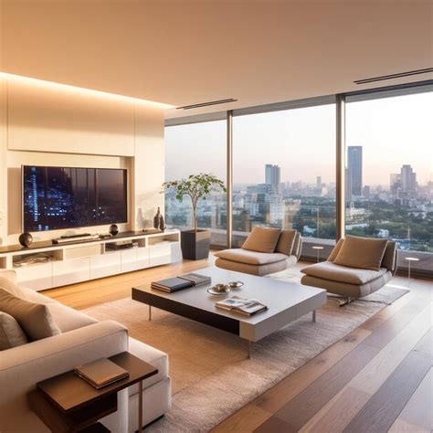 Salón Con Grandes Ventanales De Cristal Y Luces Led De Noche Ai