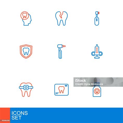 세트 라인 치통 진통제 정제 치아 엑스레이 교정기가 있는 치아 주사기 치과 보호 드릴 전동 칫솔 및 깨진 아이콘 벡터 X 레이에 대한 스톡 벡터 아트 및 기타 이미지