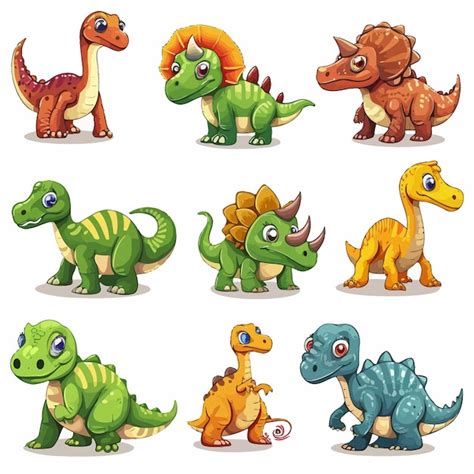 Conjuntos De Dinossauros De Desenhos Animados Vetor Premium
