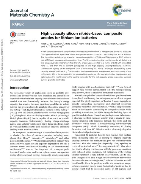 Pdf High Capacity Silicon Nitride Based Composite Anode For Lithium Ion Batteries