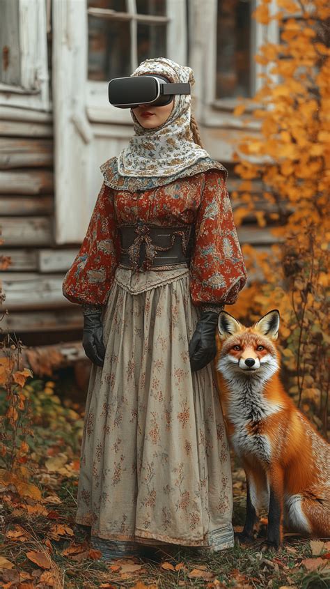 Осенняя красота Русская девушка в народном костюме с лисой Осень Виртуальная реальность