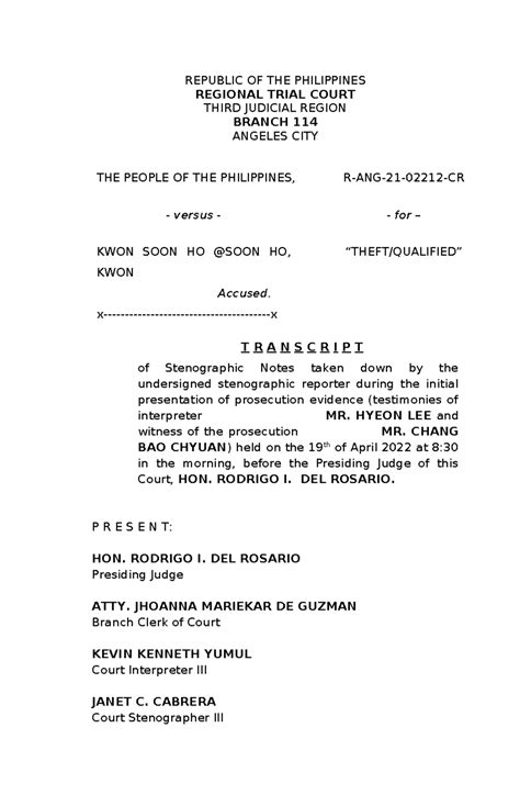 Transcript Of Stenographic Notes People Vs Kwon Soon Ho Initial