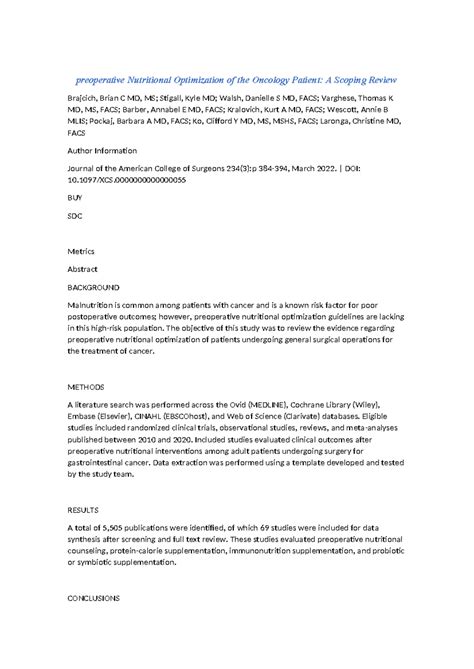 Preoperative Nutritional Optimization Of The Oncology Patient Doi