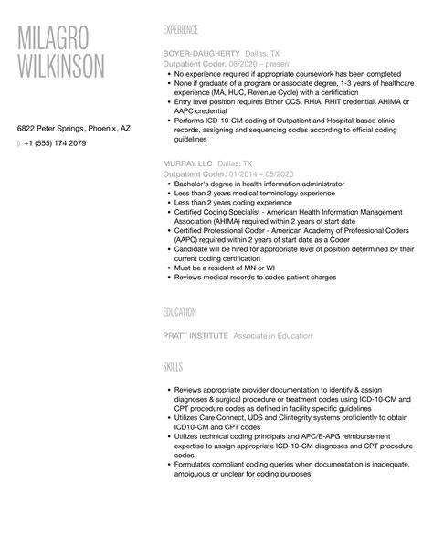 Outpatient Coder Resume Samples Velvet Jobs