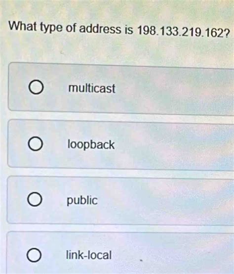 Solved What Type Of Address Is 198133219162 Multicast Loopback