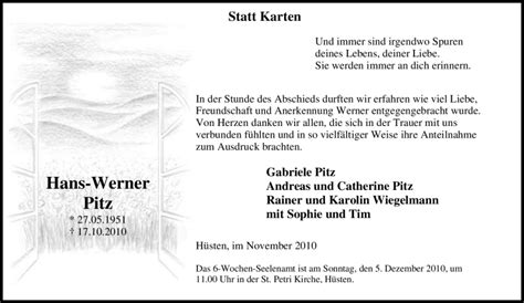 Traueranzeigen Von Hans Werner Pitz Trauer In Nrwde