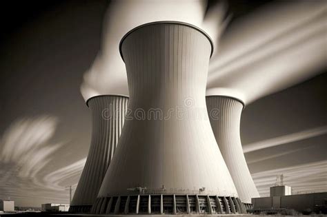 Nuclear Power Plant And Nuclear Reactor Tower Rises Against Sky Stock