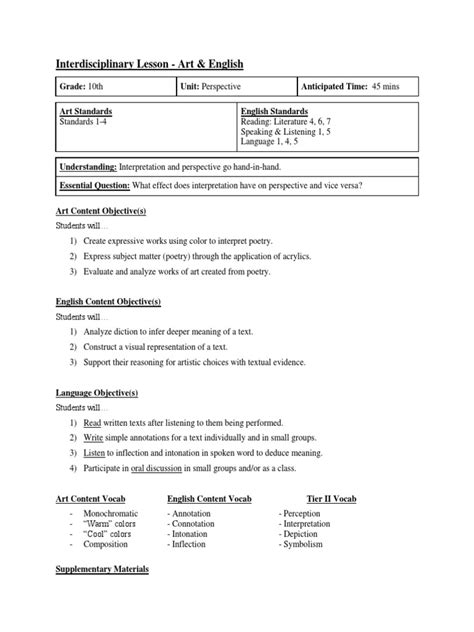 Interdisciplinary Lesson Art English Pdf Color Poetry