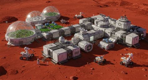 Mars Colony Futuristic Habitat And Rovers On Red Planet Stock