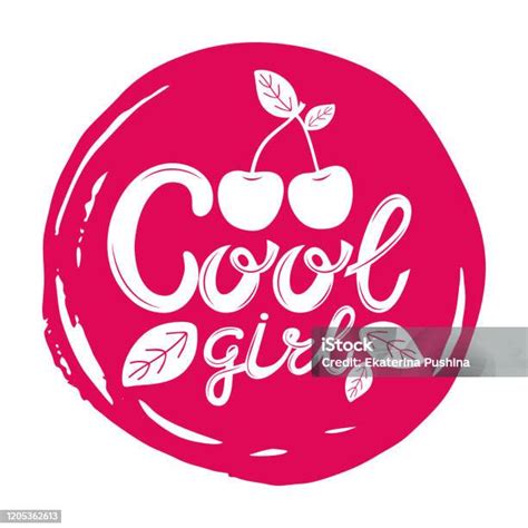 멋진 소녀 플랫 핸드 그린 글자 분홍색 질감의 자리에 체리와 나뭇잎으로 장식 된 흰색 슬로건 여자 스티커 배너 인쇄를위한 인사말 카드 모던 브러쉬 서예 0명에 대한 스톡