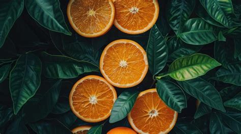 A Closeup View Of Orange Slices Surrounded By Green Leaves Premium Ai