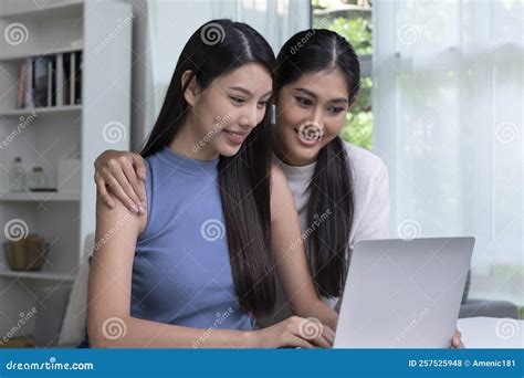 Asian Lesbian Couple Communicating Online On Laptop Lgbt Lesbian
