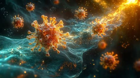 Virus Particles Attaching To Host Cells In A Microscopic View Of