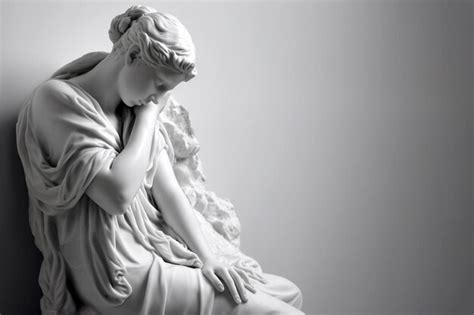 빈 벽 근처에 있는 젊은 여성의 고대 대리석 조각상 텍스트 복사 공간이 있는 그리스 조각 골동품 여성 조각 흉상 석고 조각 Ai