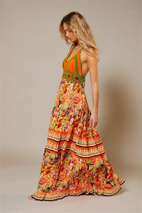 Crinkle Rayon Border Print Crochet Top Maxi Dress
