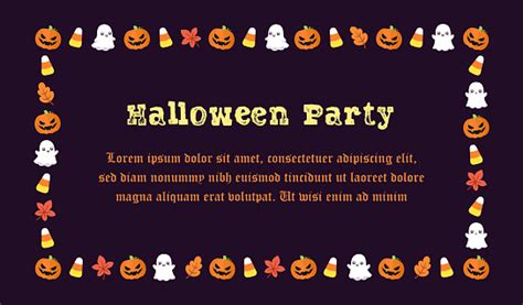 귀여운 할로윈 파티 초대장 프레임 템플릿입니다 만화 유령 잭 오 랜턴 호박 사탕 옥수수가 있는 직사각형 할로윈 테두리 디자인 소셜 미디어 배너 벡터 일러스트레이션 10월에