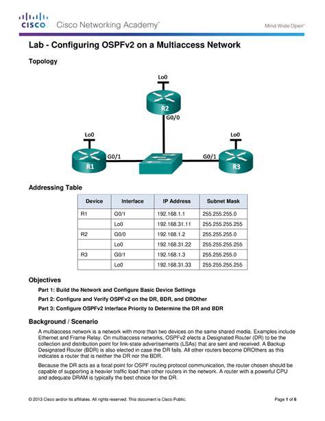 51213 Lab Configuring Ospfv 2 On A Multiaccess Network Topology Addressing Table Device