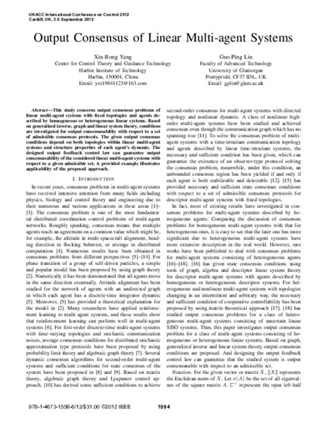 Pdf Output Consensus Of Linear Multi Agent Systems