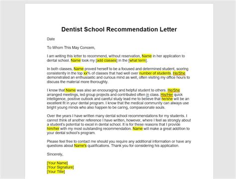 Dental School Recommendation Letter Template Dental School