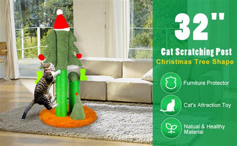 32” Cat Scratching Post Tall Christmas Tree Cat Scratcher With 3 Posts