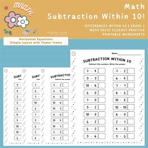 Subtraction Within 10 Worksheets Horizontal Equations Math Fact 1st