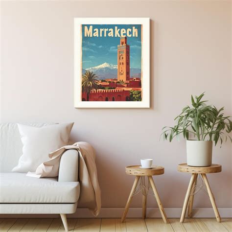 Vintage Marrakech Travel Poster Koutoubia Mosque With Palm Trees And