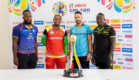 Kyle Mayers Shimron Hetmyer Faf Du Plessis And Rovman Powell Pose With The Cpl Trophy